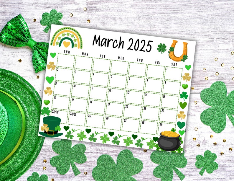 EDITABLE Printable March 2025 Calendar St. Patrick's Day Themed ...