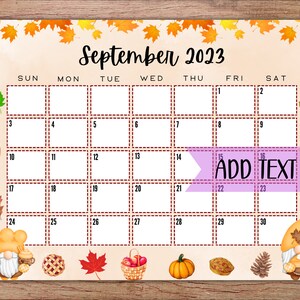 EDITABLE Printable September Calendar 2023 Cute Gnome Fall - Etsy