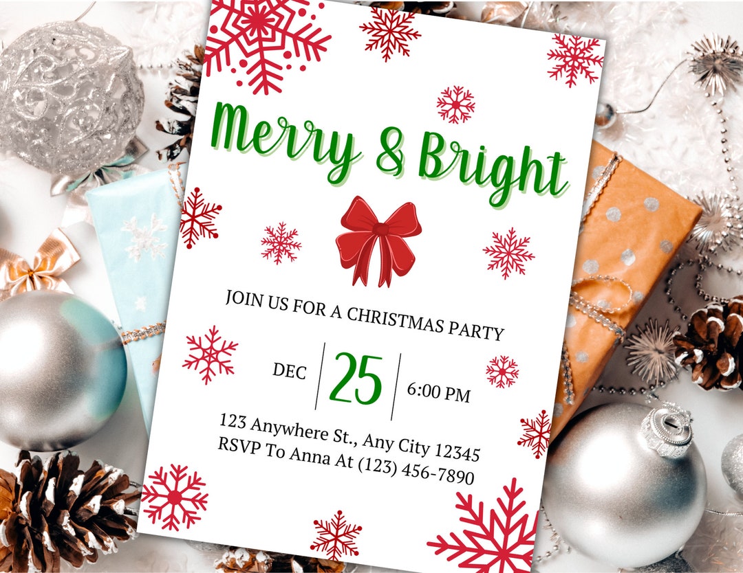 EDITABLE Merry and Bright Christmas Invitation Red and White Christmas ...