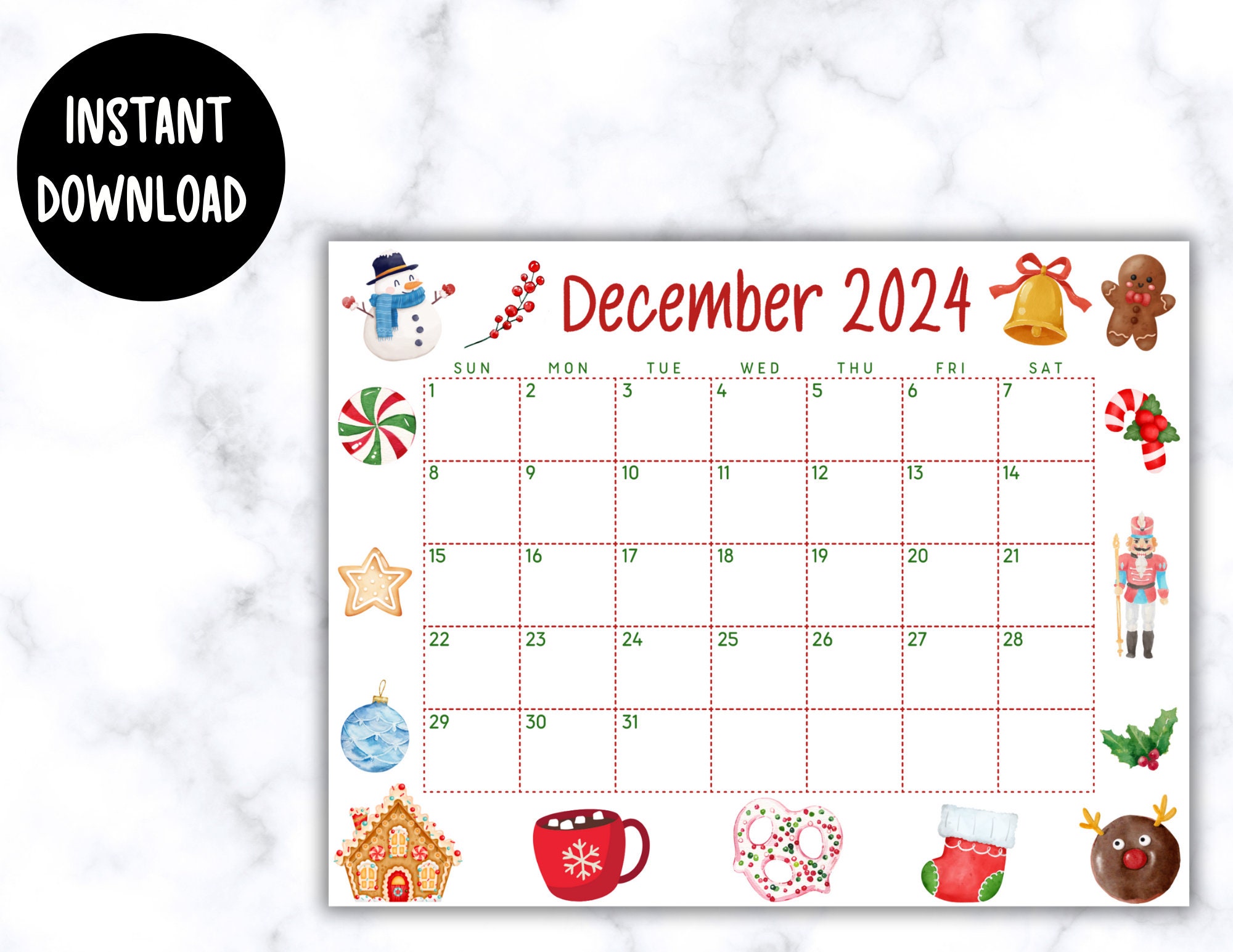 EDITABLE Printable December Calendar 2024 Cute Christmas Themed ...