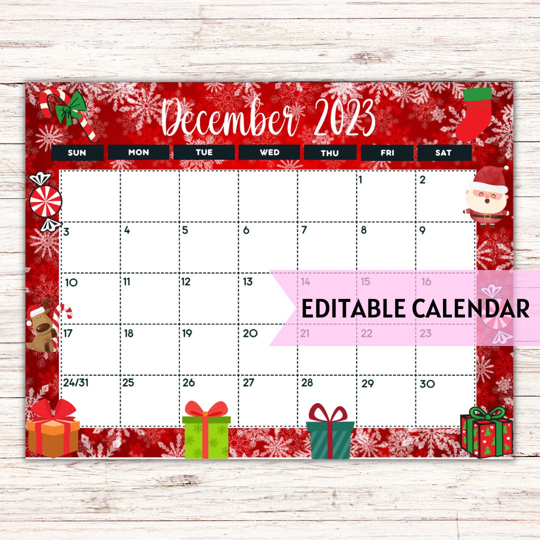 EDITABLE Printable December Calendar 2023 Christmas Calendar Holiday ...