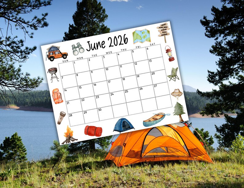 PRINTABLE June 2026 Wall Calendar | Watercolor Camping Calendar W/ Tent ...