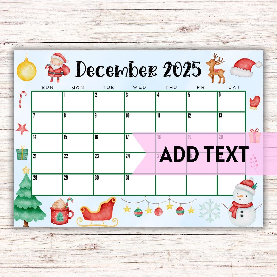 EDITABLE Printable December Calendar 2025 | Cute Christmas Calendar W ...