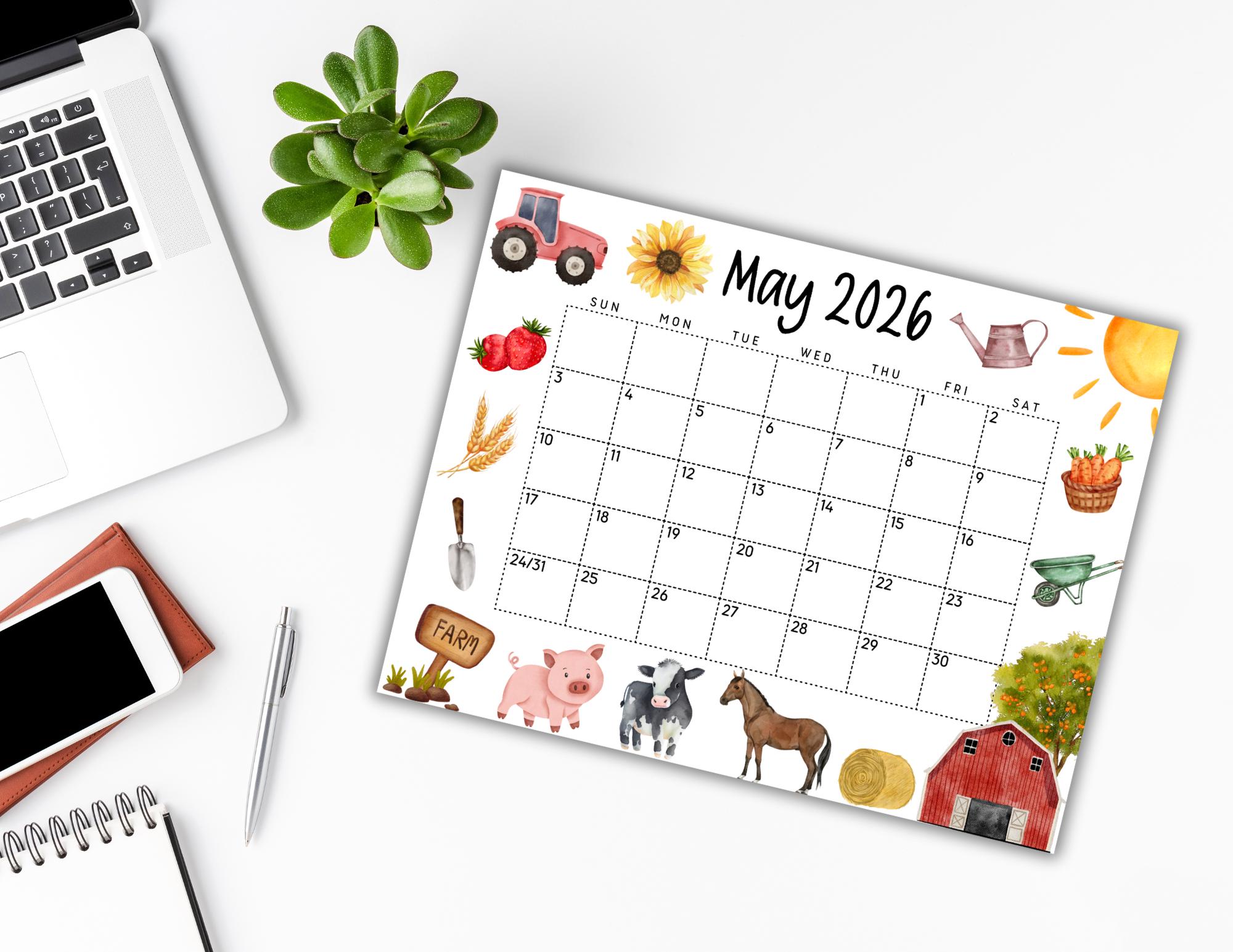 EDITABLE Printable May 2026 Calendar | Cute Farm Themed Calendar W ...