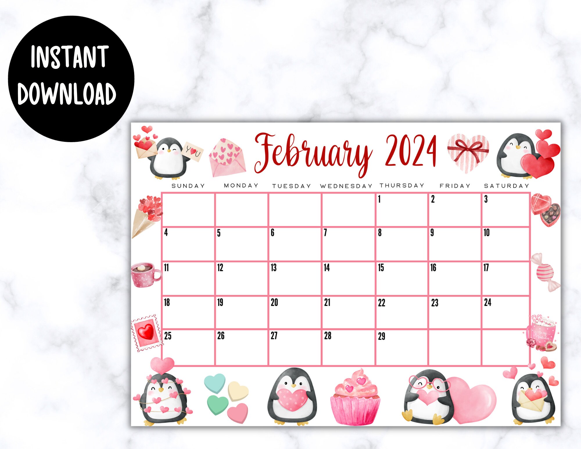 EDITABLE Printable February Calendar 2024 Cute - Etsy