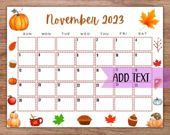 EDITABLE Printable November Calendar 2023 Beautiful Fall - Etsy
