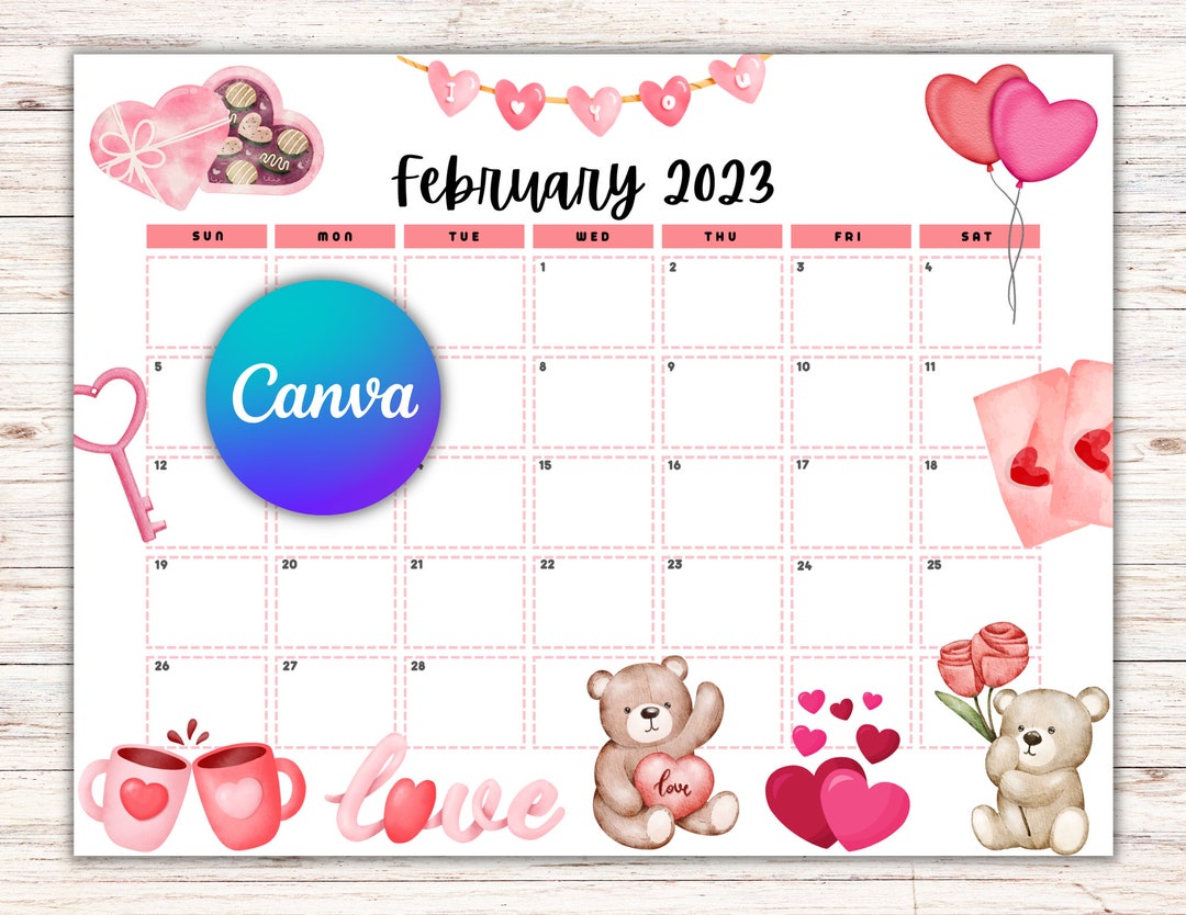 EDITABLE Printable February Calendar 2023 Valentine's - Etsy