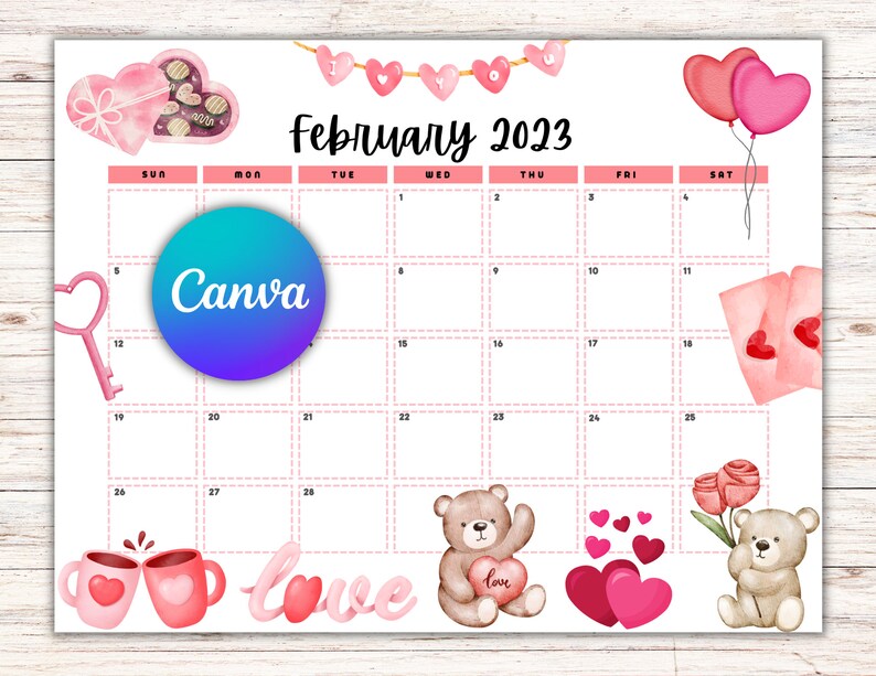 EDITABLE Printable February Calendar 2023 Valentine's - Etsy