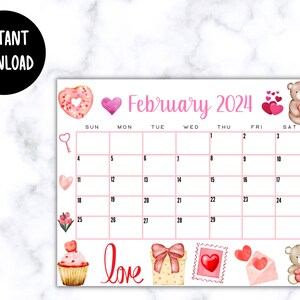 EDITABLE Printable February Calendar 2024 Cute Valentine's Day Teddy ...