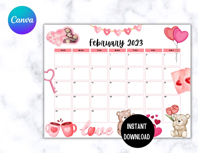 EDITABLE Printable February Calendar 2023 Valentine's - Etsy