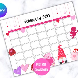 EDITABLE Printable February Calendar 2023 Valentine's - Etsy
