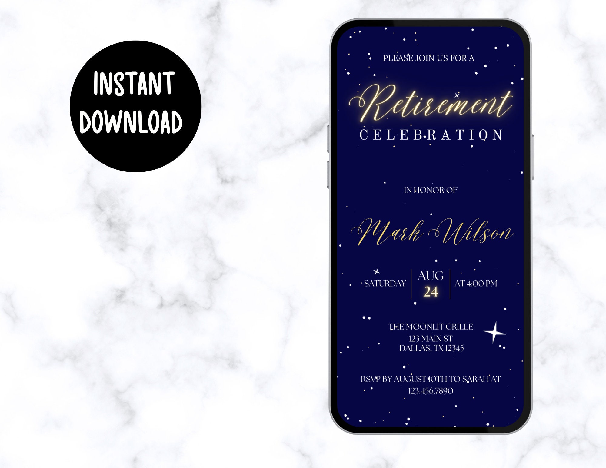 Animated Retirement Party Invitation Navy Blue and Gold Neon Invite for ...