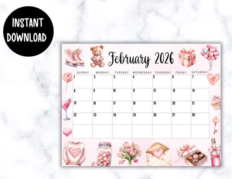 EDITABLE Printable February Calendar 2026 | Cute Valentine's Day ...