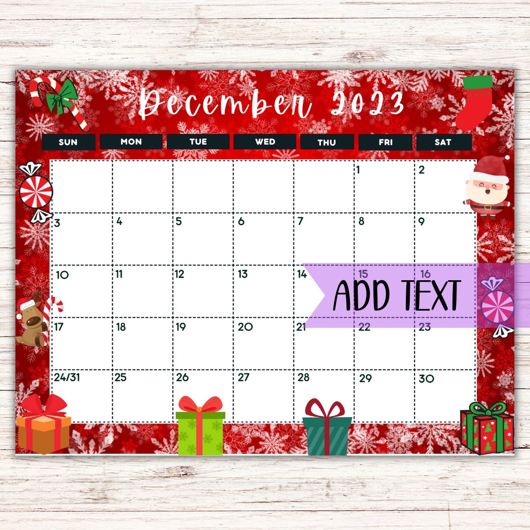 EDITABLE Printable December Calendar 2023 Christmas Calendar - Etsy