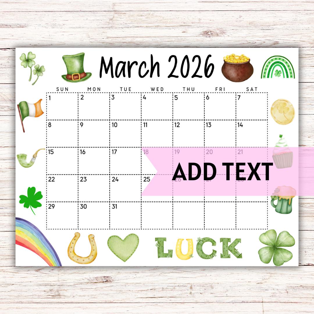 EDITABLE Printable March 2026 Calendar | Cute St. Patrick's Day March ...