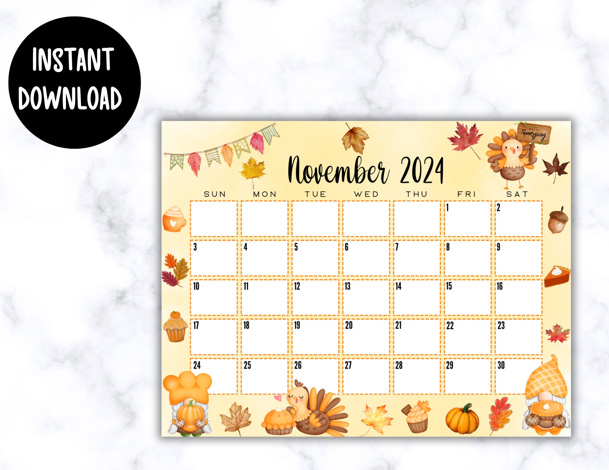 EDITABLE Printable November Calendar 2024 | Cute Gnome and Turkey ...