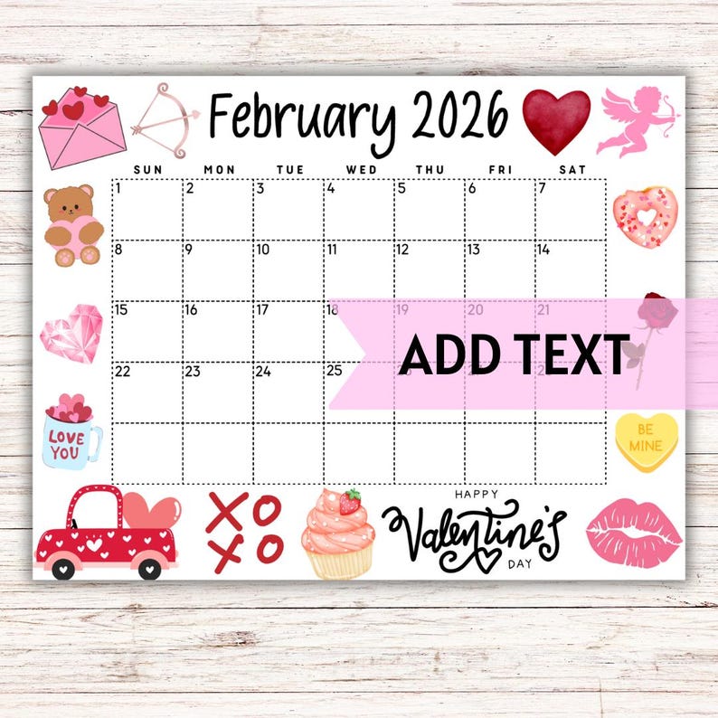 EDITABLE Printable February Calendar 2026 | Cute Valentine's Day ...