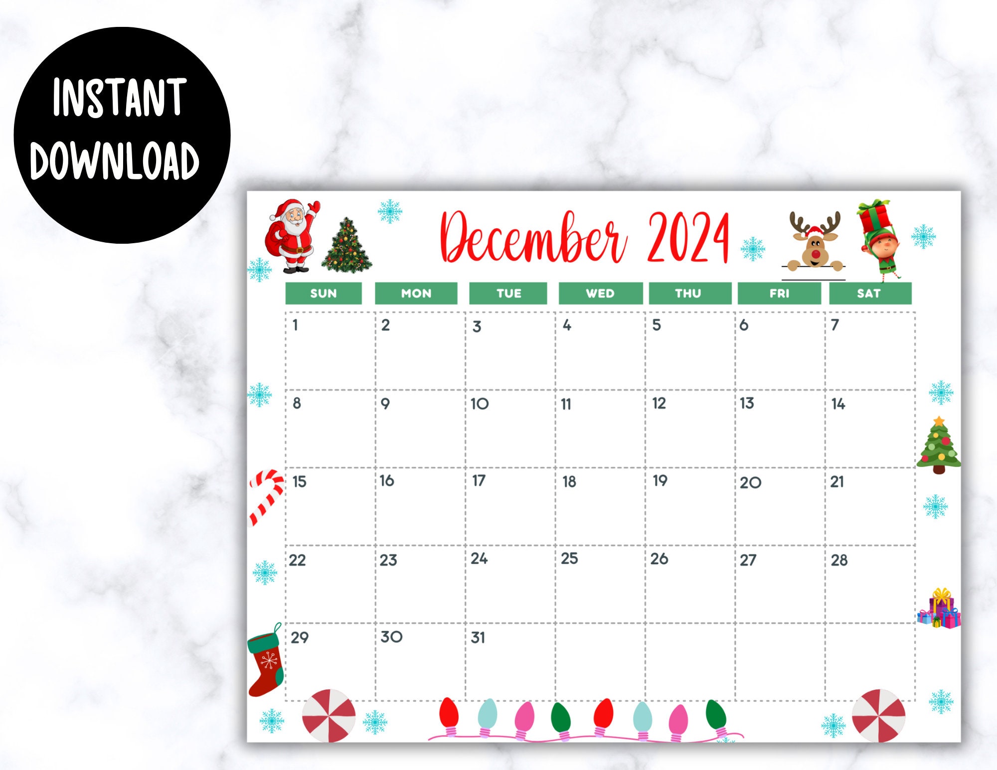 EDITABLE Printable December Calendar 2024 Christmas Calendar Holiday ...