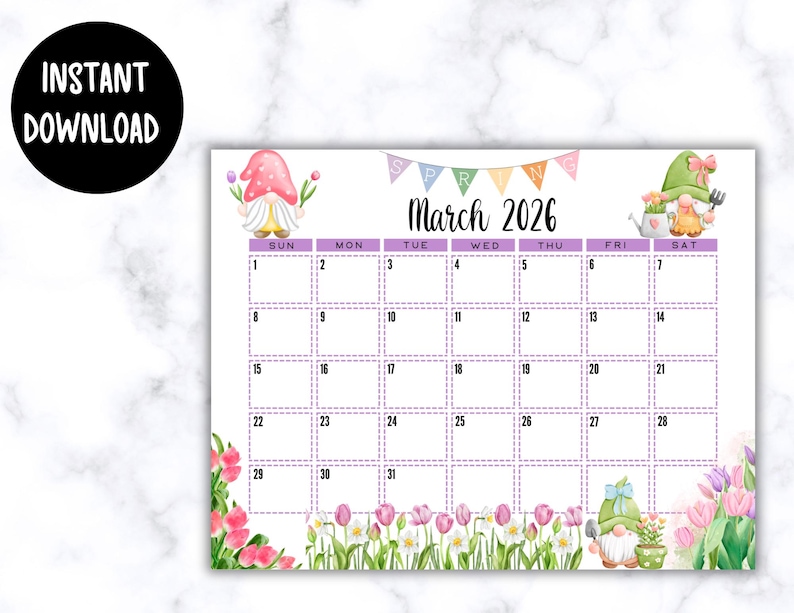 EDITABLE Printable March 2026 Calendar | Watercolor Spring Gnomes ...