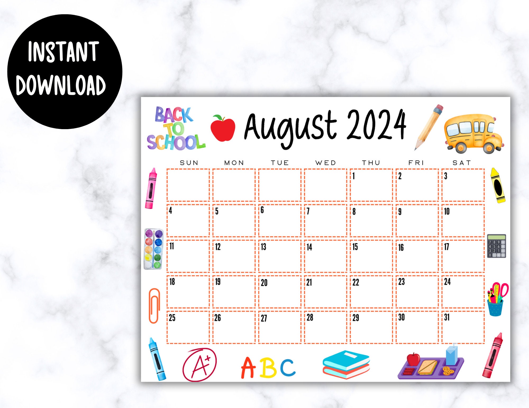 EDITABLE Printable August Calendar 2024 Back to School Calendar ...