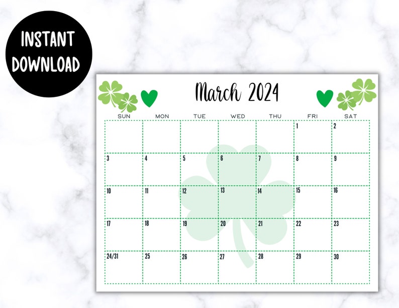 EDITABLE Printable March Calendar 2024 St. Patrick's Day March Calendar ...