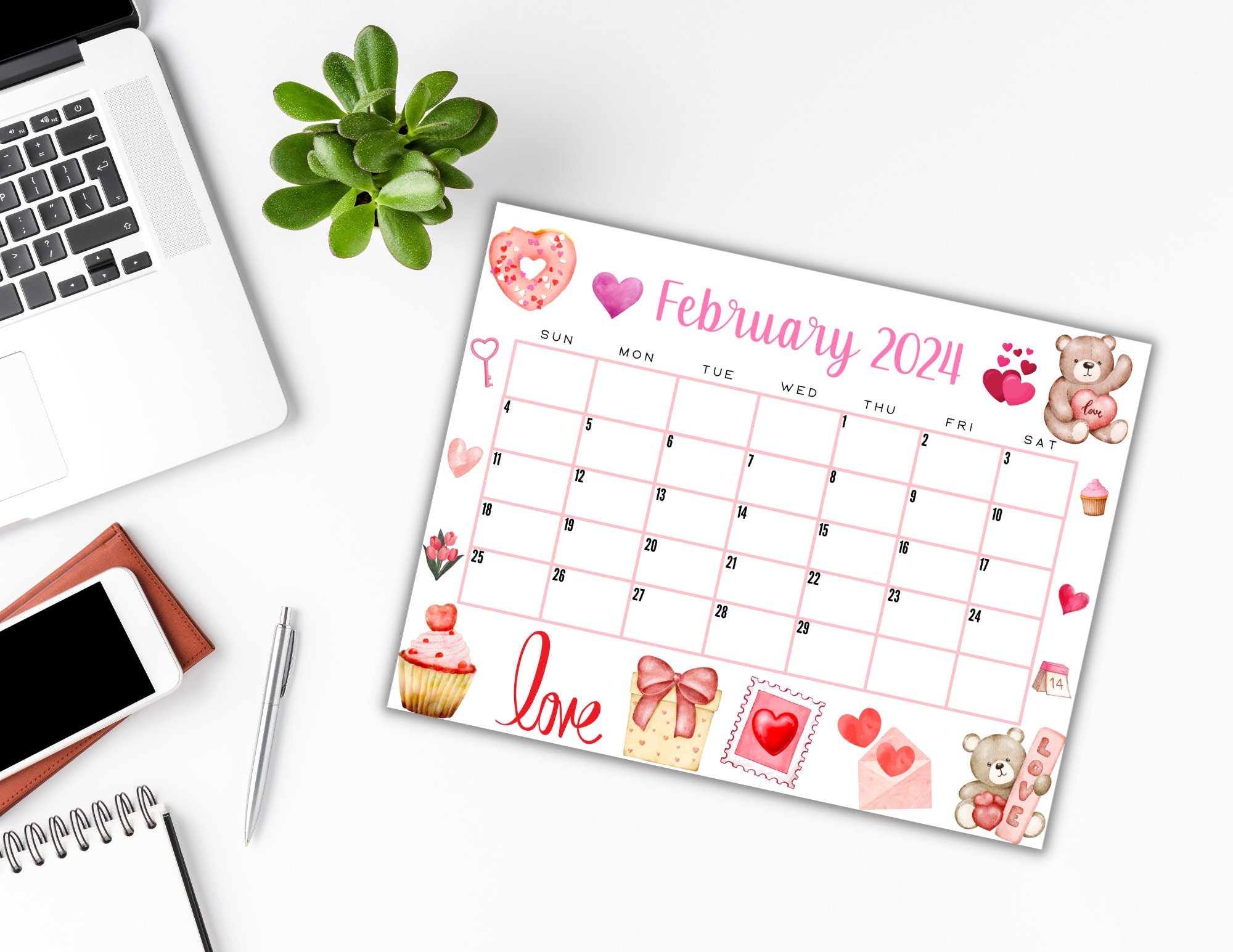 EDITABLE Printable February Calendar 2024 Cute Valentine's Day Teddy ...