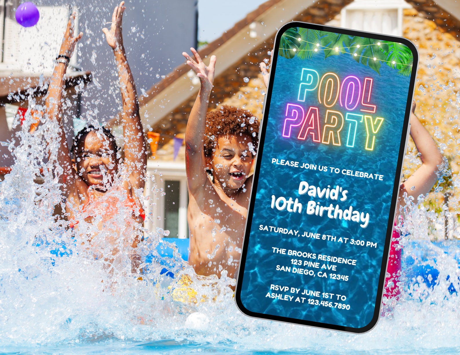 Animated Pool Party Birthday Invitation | Neon Pool Party Evite | Pool ...