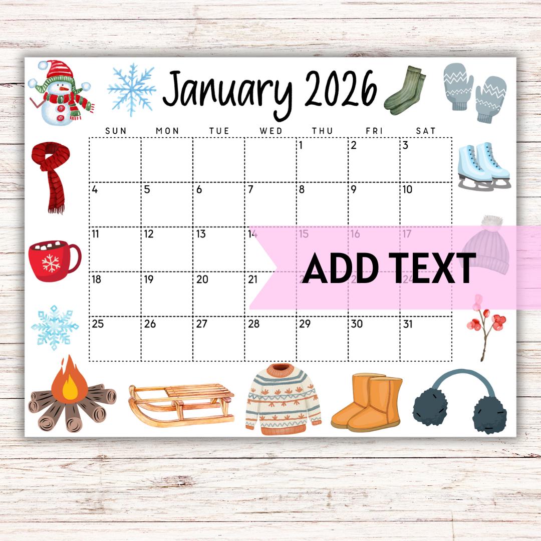 EDITABLE Printable January 2026 Calendar | Beautiful Winter Themed ...