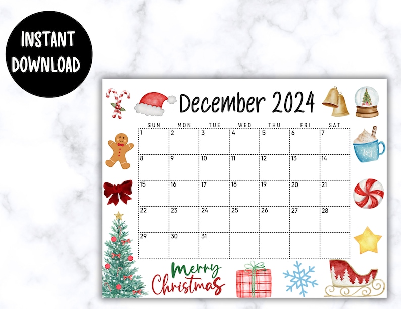 EDITABLE Printable December Calendar 2024 Cute Christmas Calendar ...