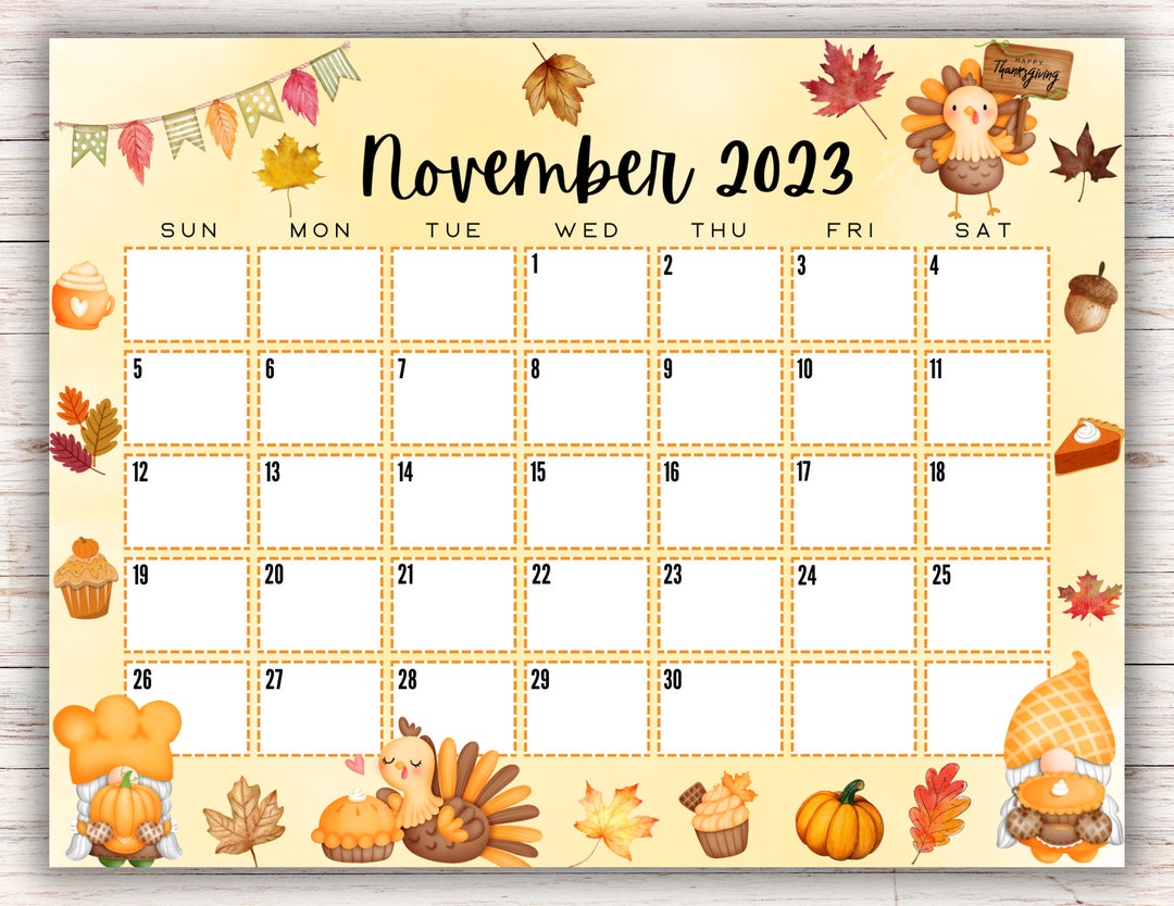 EDITABLE Printable November Calendar 2023 Cute Gnome and - Etsy