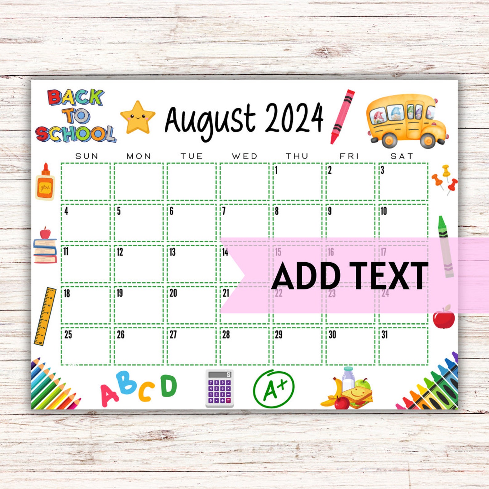 EDITABLE Printable August Calendar 2024 Colorful Back to School ...