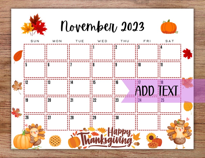 EDITABLE Printable November Calendar 2023 Cute Turkey - Etsy