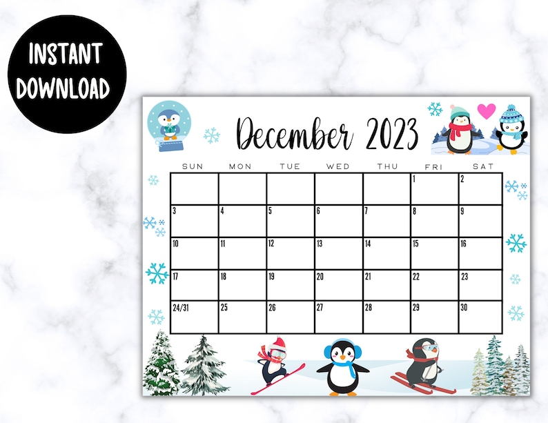 EDITABLE Printable December Calendar 2023 Cute Christmas Penguin ...