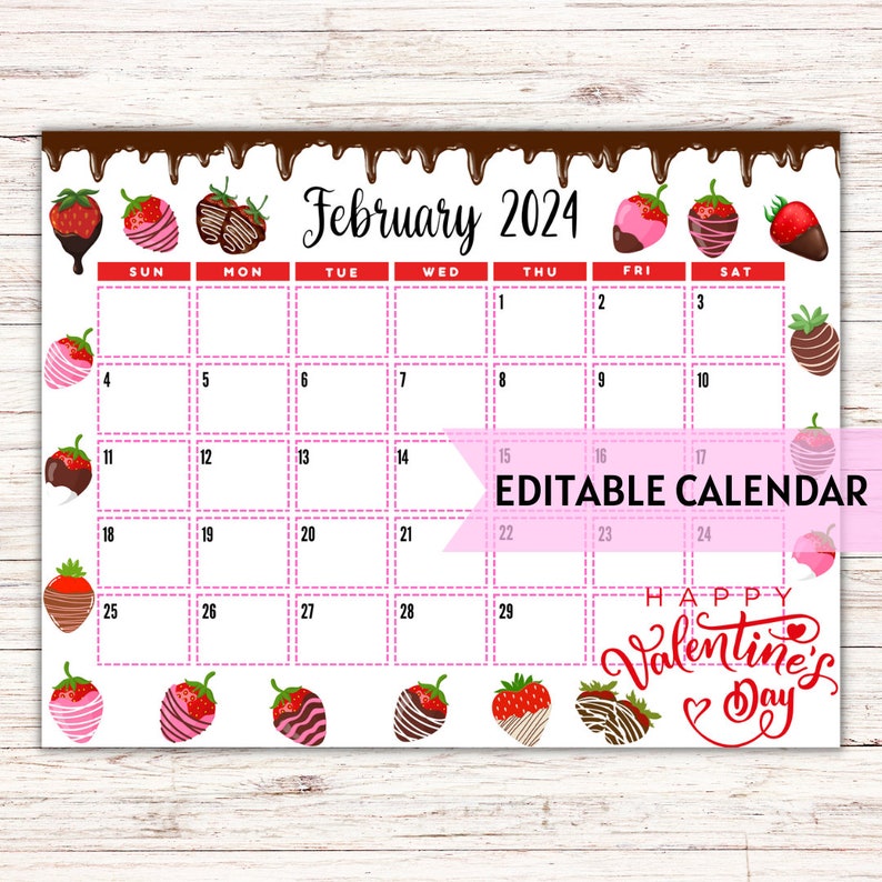 EDITABLE Printable February Calendar 2024 Cute Valentine's Day ...