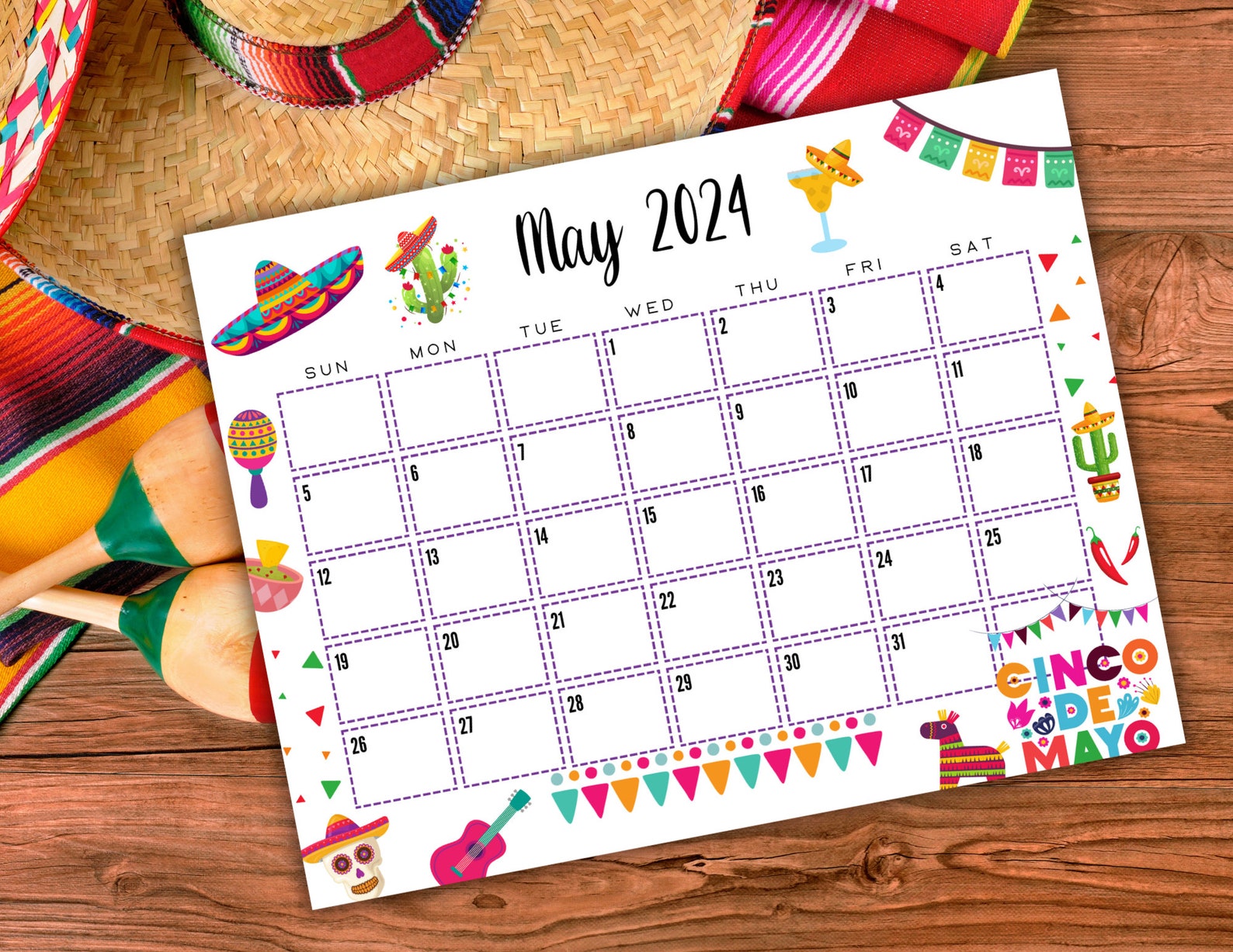 EDITABLE Printable May Calendar 2024 Cinco De Mayo Themed Calendar ...