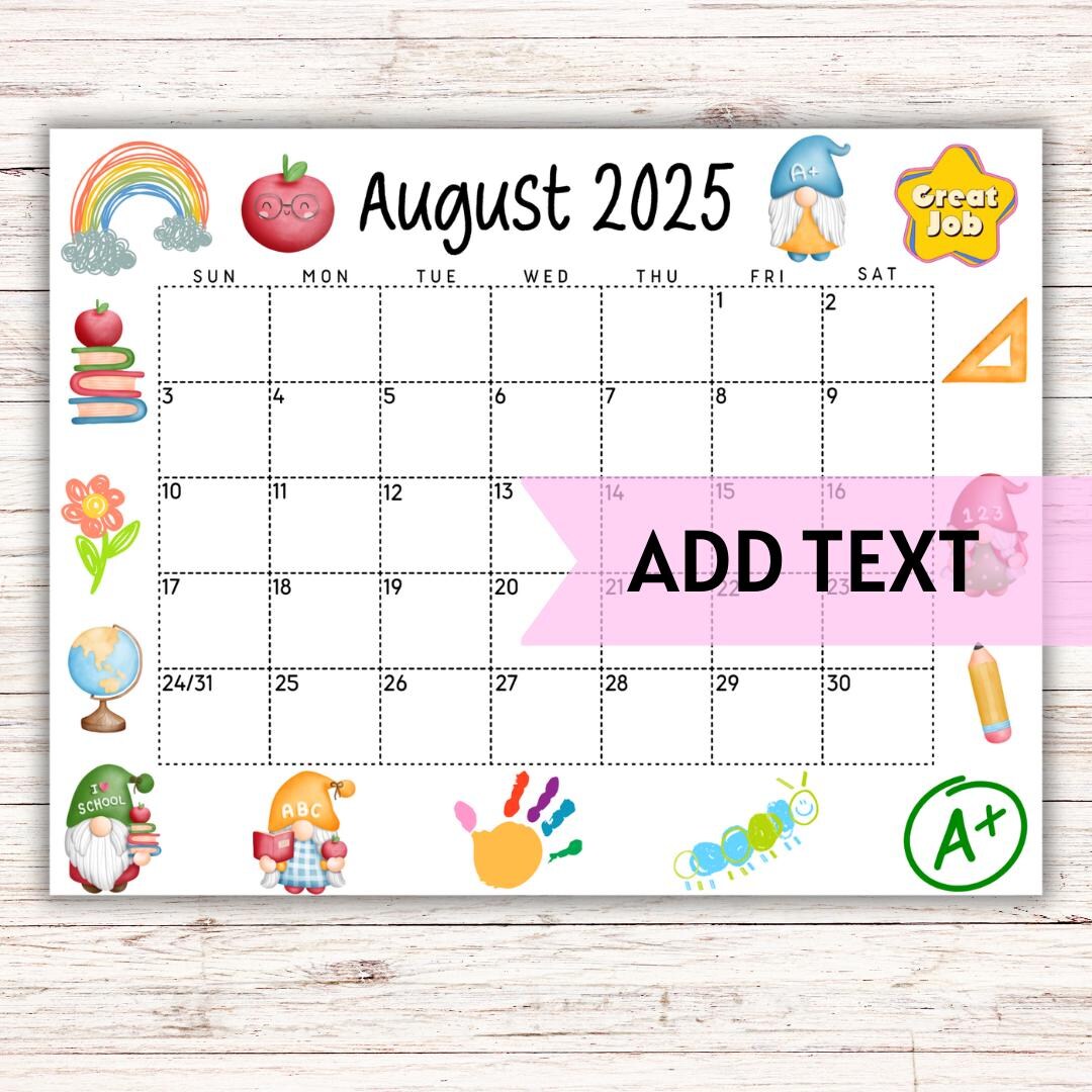 PRINTABLE August Calendar 2025 | Cute Gnome Back to School Calendar ...