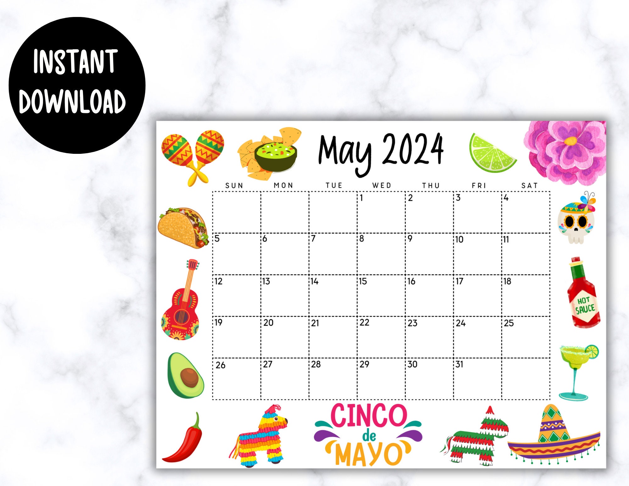 EDITABLE Printable May Calendar 2024 Cinco De Mayo Themed Calendar ...