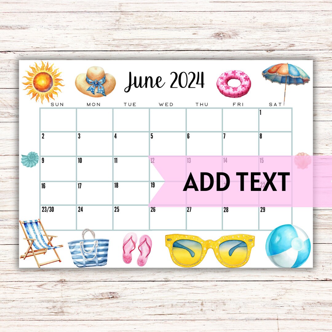 EDITABLE June Calendar 2024 Cute Beach Themed June Calendar W/ Sea ...