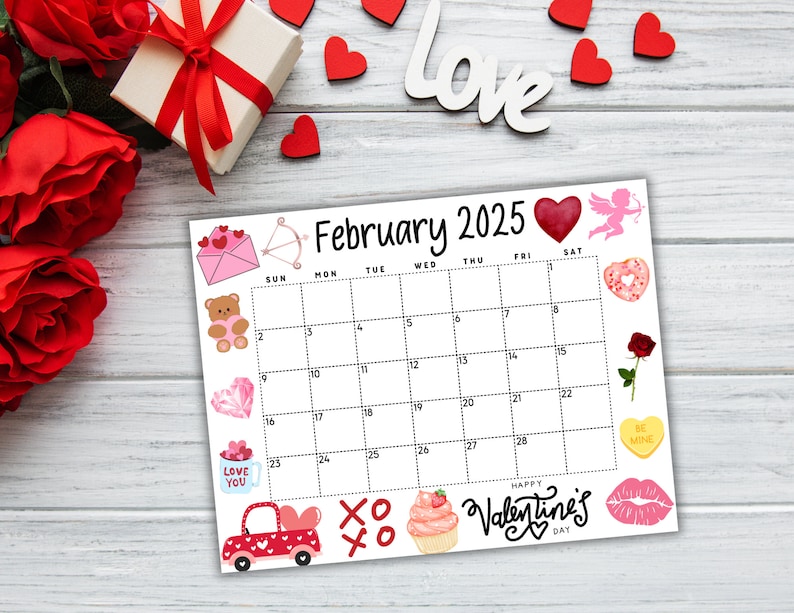 EDITABLE Printable February Calendar 2025 Cute Valentine's Day Calendar ...