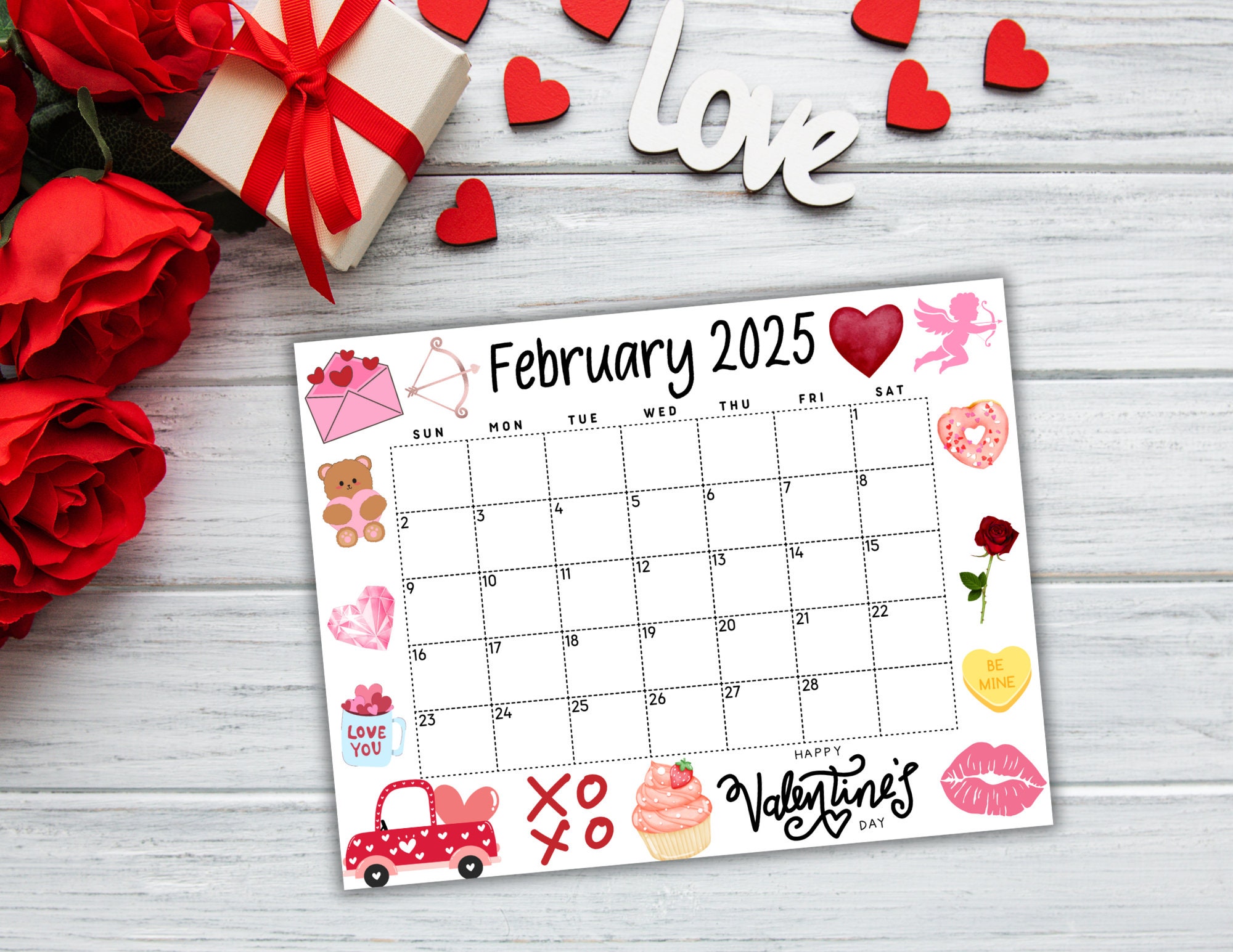 EDITABLE Printable February Calendar 2025 Cute Valentine's Day Calendar ...
