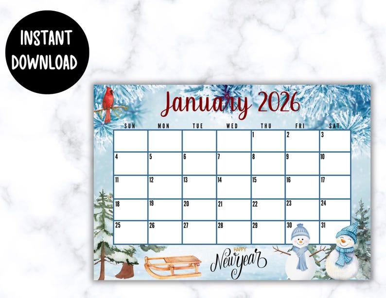 EDITABLE Printable January 2026 Calendar | Beautiful Winter Scene New ...