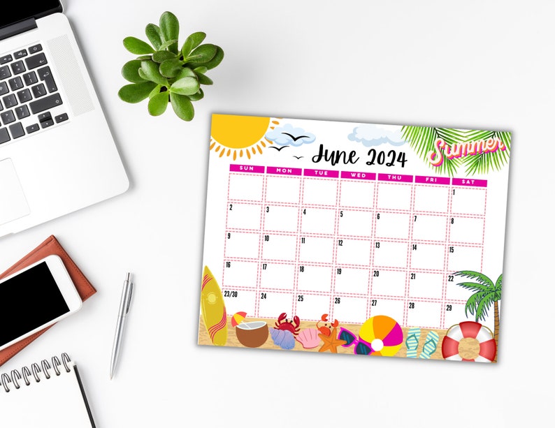 EDITABLE Printable June Calendar 2024 Beach Themed Calendar - Etsy Canada
