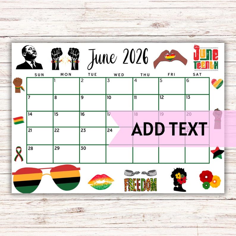 EDITABLE Printable June Calendar 2026 | Juneteenth Calendar | Black ...