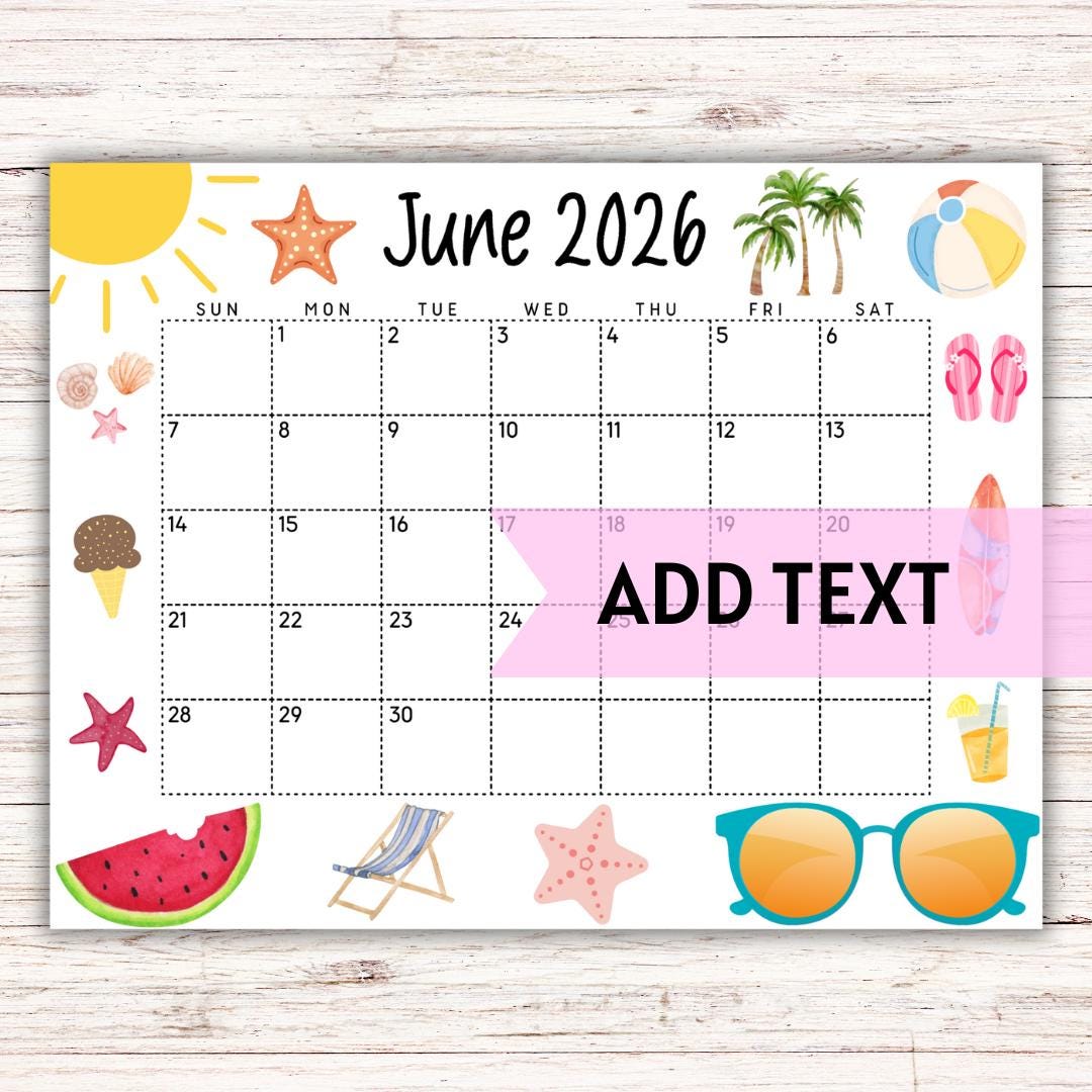 EDITABLE June 2026 Wall Calendar | Cute Summer Calendar W/ Watermelon ...