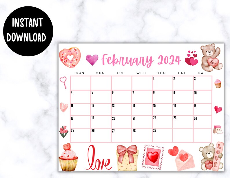 EDITABLE Printable February Calendar 2024 Cute - Etsy