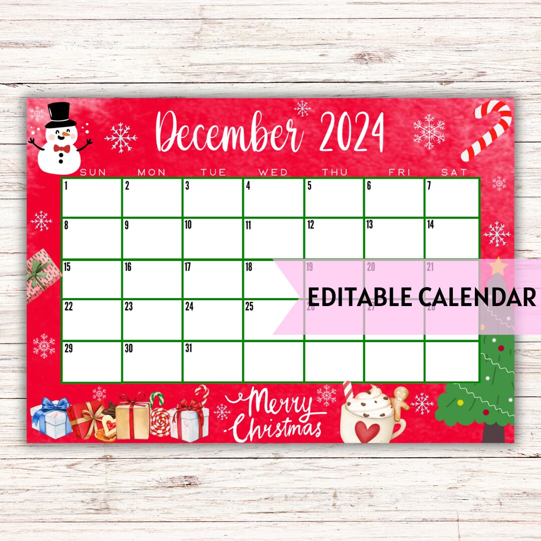 EDITABLE Printable December Calendar 2024 Cute Christmas December ...