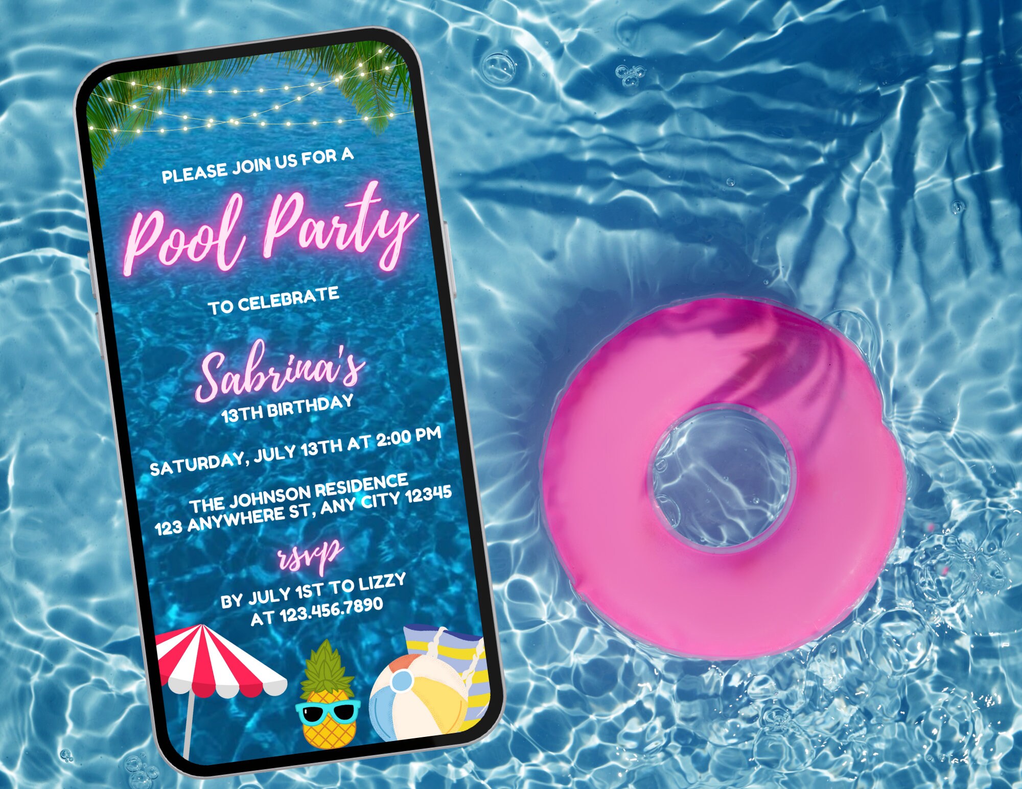 Animated Pool Party Birthday Invitation | Neon Pool Party Evite | Pool ...