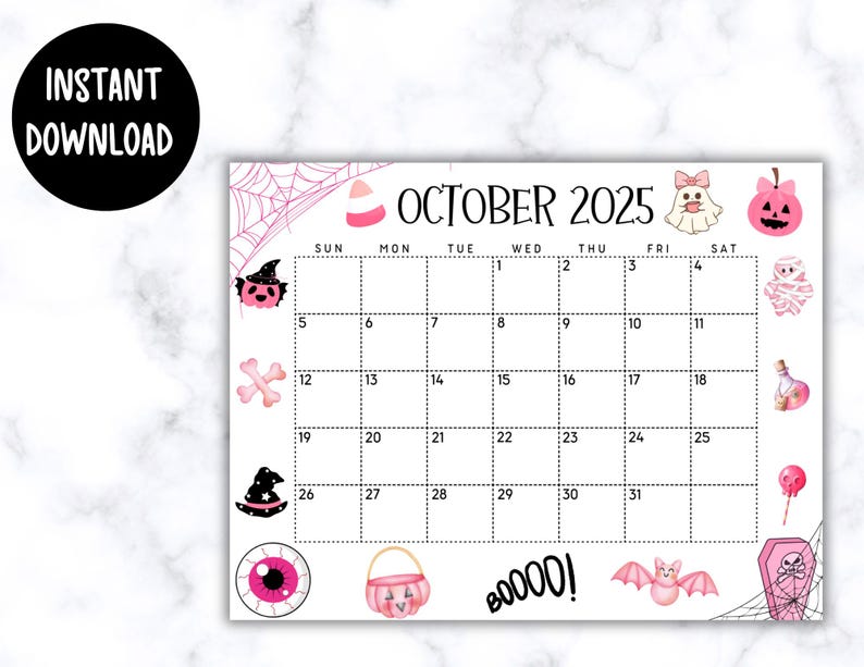 EDITABLE Printable October 2025 Calendar | Cute & Spooky Pink Halloween ...