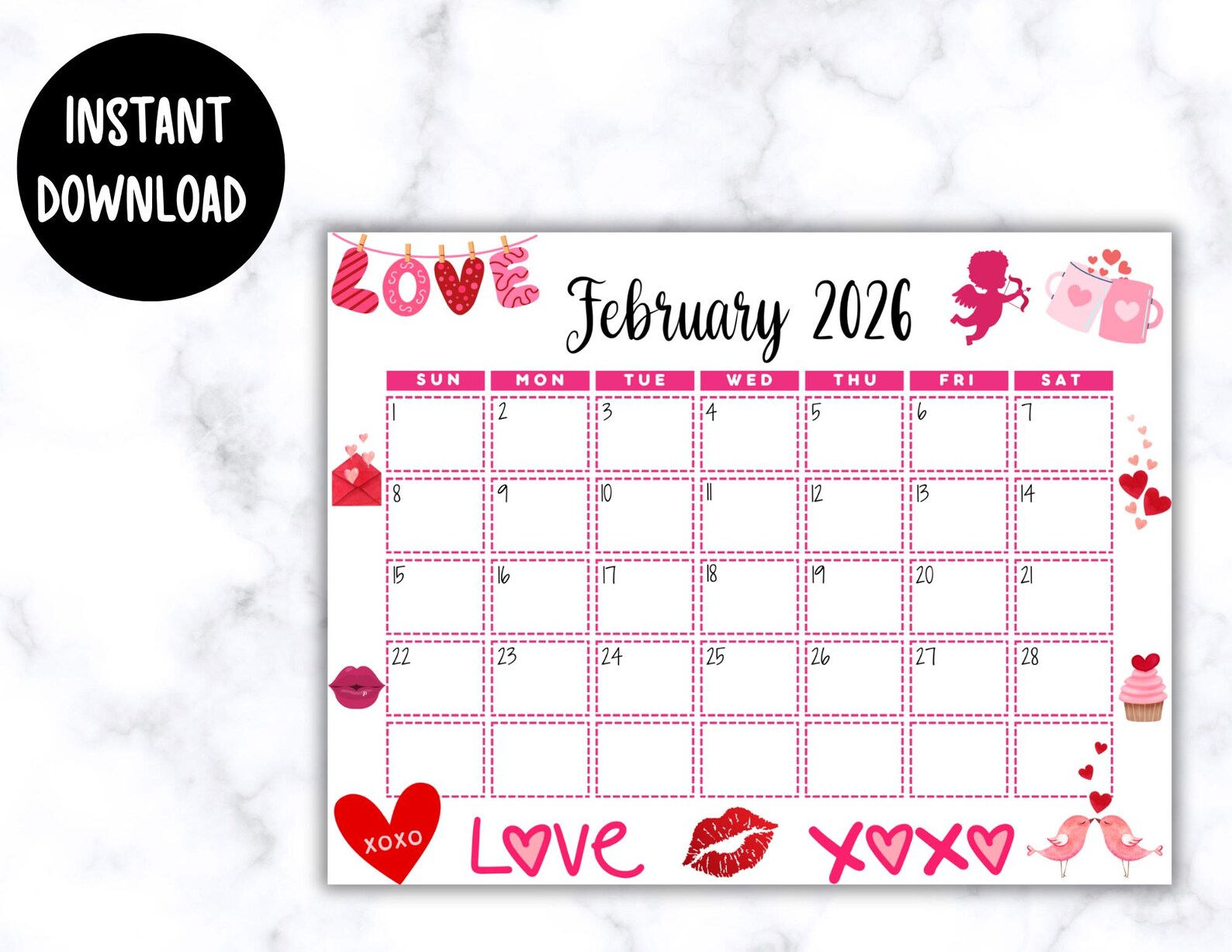 EDITABLE Printable February Calendar 2026 | Cute Valentine's Day ...