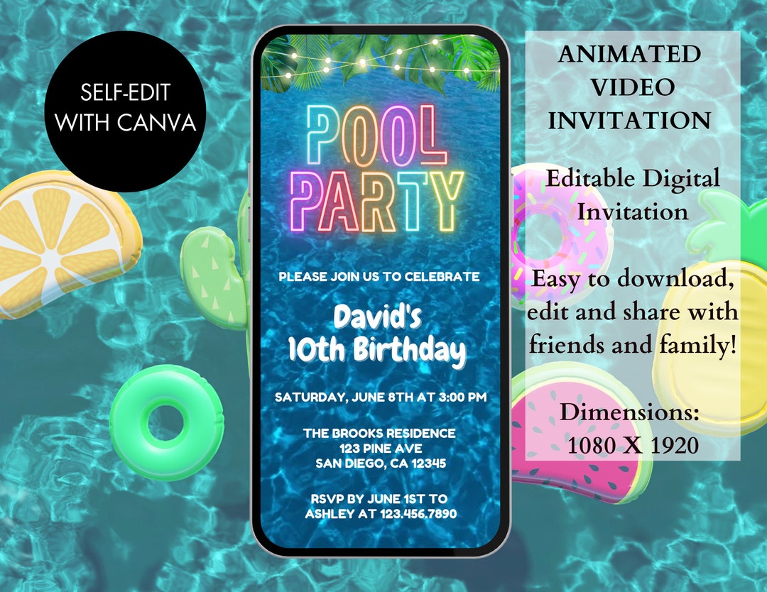 Animated Pool Party Birthday Invitation | Neon Pool Party Evite | Pool ...